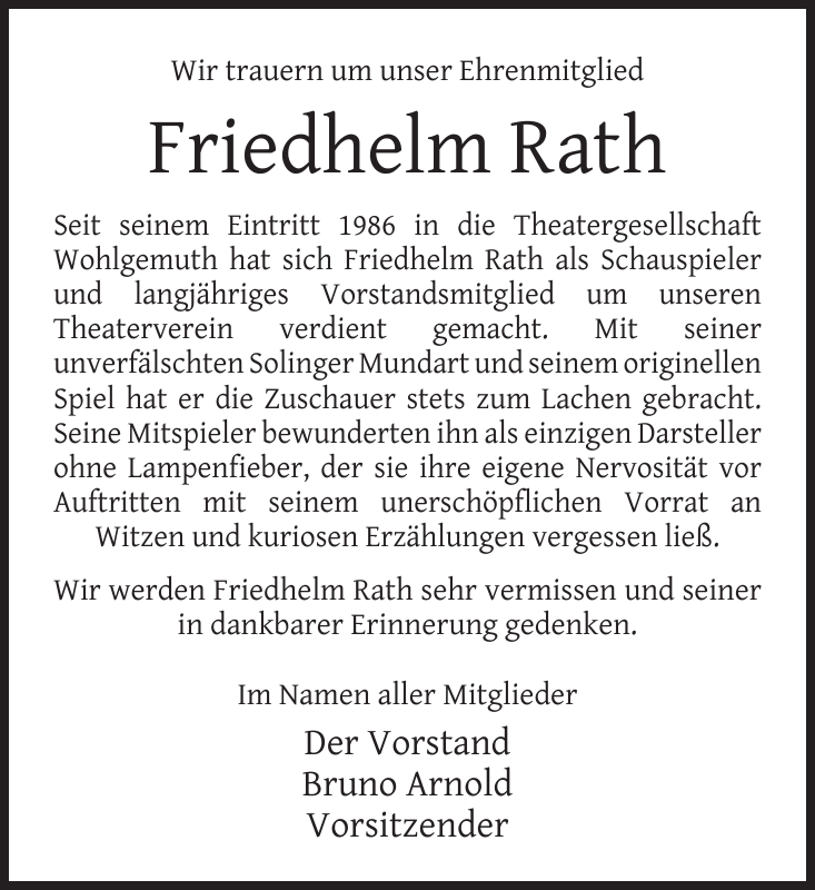 Friedhelm Rath: Traueranzeige : Solinger Tageblatt Trauer