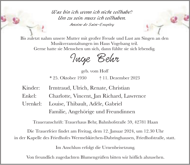 Inge Behr: Traueranzeige : Remscheider General-Anzeiger