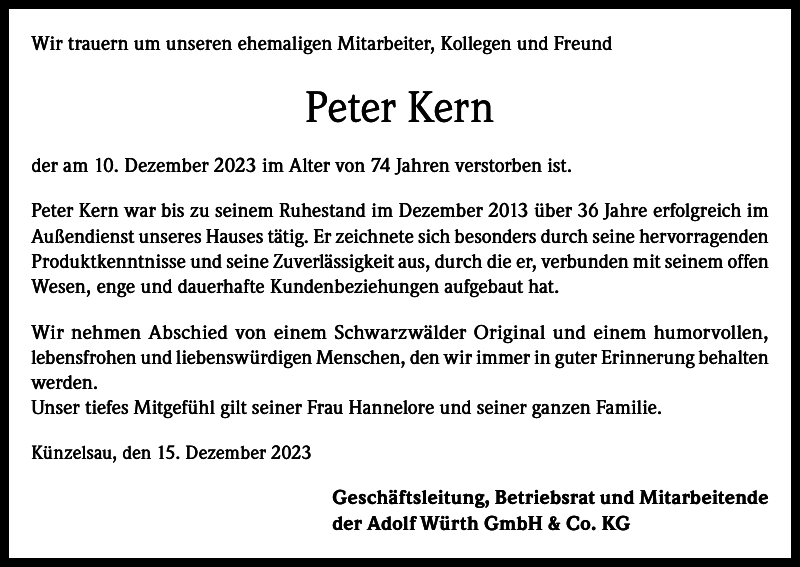 Peter Kern: Traueranzeige : Badische Zeitung