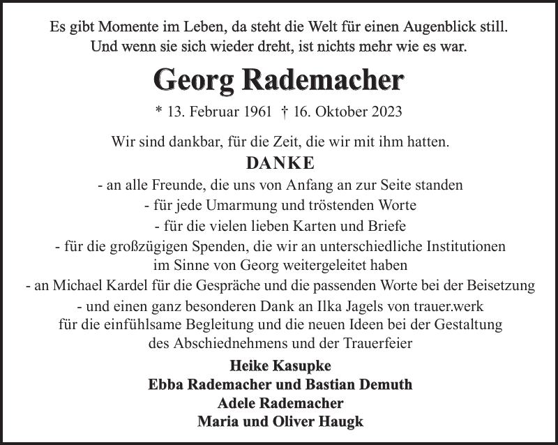 Georg Rademacher: Danksagung : Bremervörder Zeitung