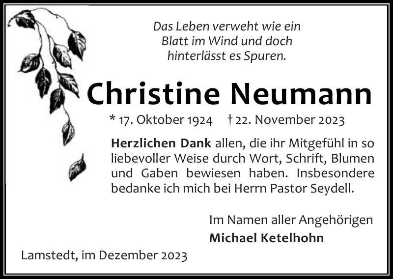 Christine Neumann: Danksagung : Cuxhavener Nachrichten