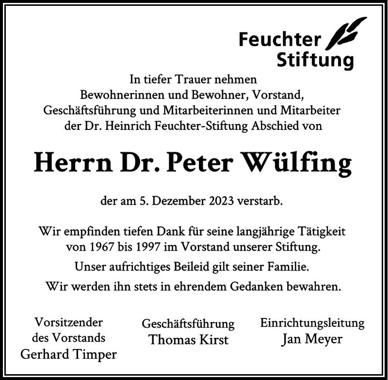 Dr. Peter Wülfing: Nachruf : Westdeutsche Zeitung