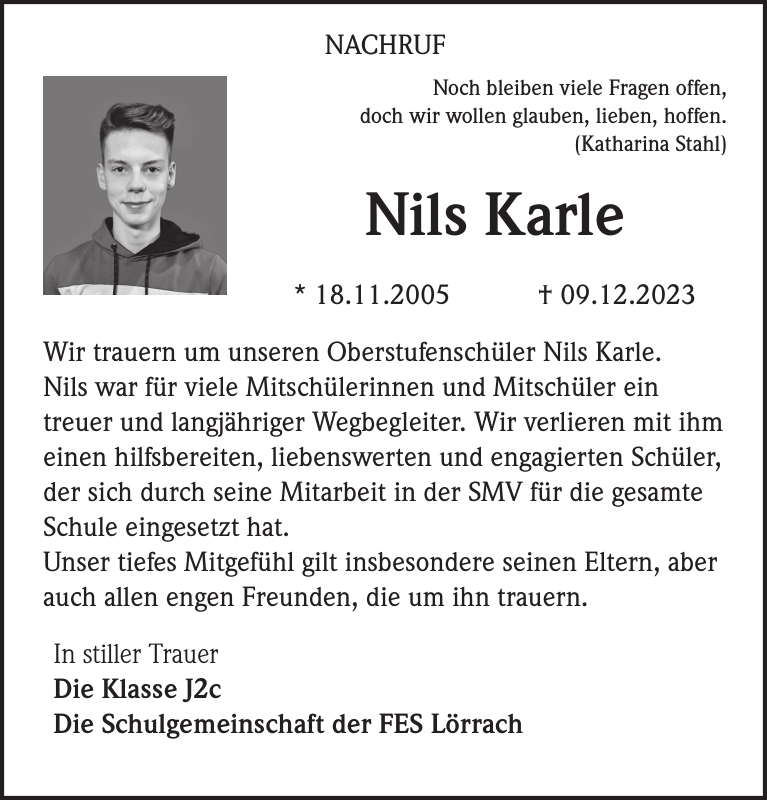 Nils Karle: Traueranzeige : Badische Zeitung