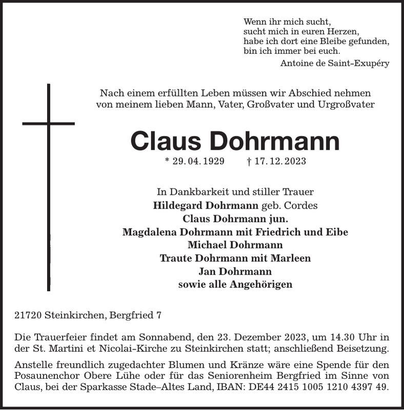 Claus Dohrmann: Traueranzeige : Stader Tageblatt