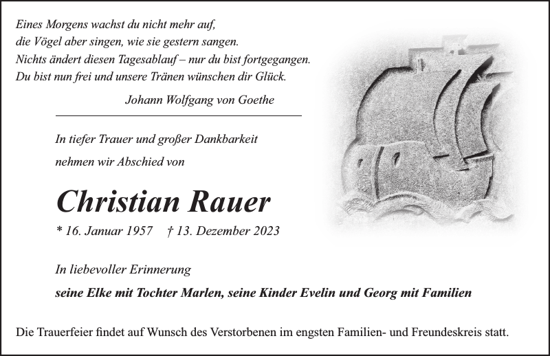 Christian Rauer: Traueranzeige : Sächsische Zeitung
