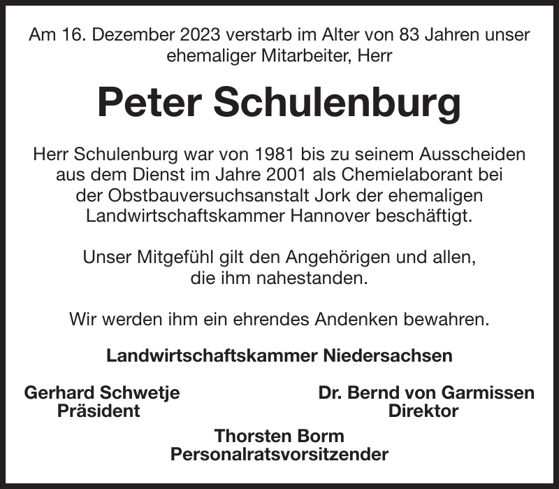 Peter Schulenburg: Nachruf : Stader Tageblatt