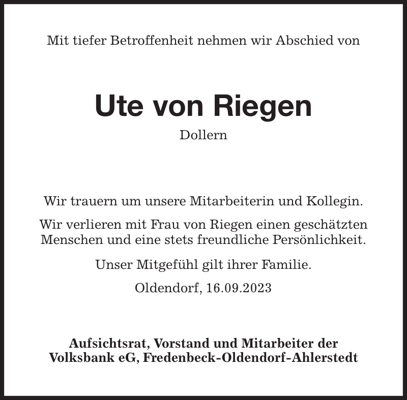 Ute von Riegen: Nachruf : Stader Tageblatt