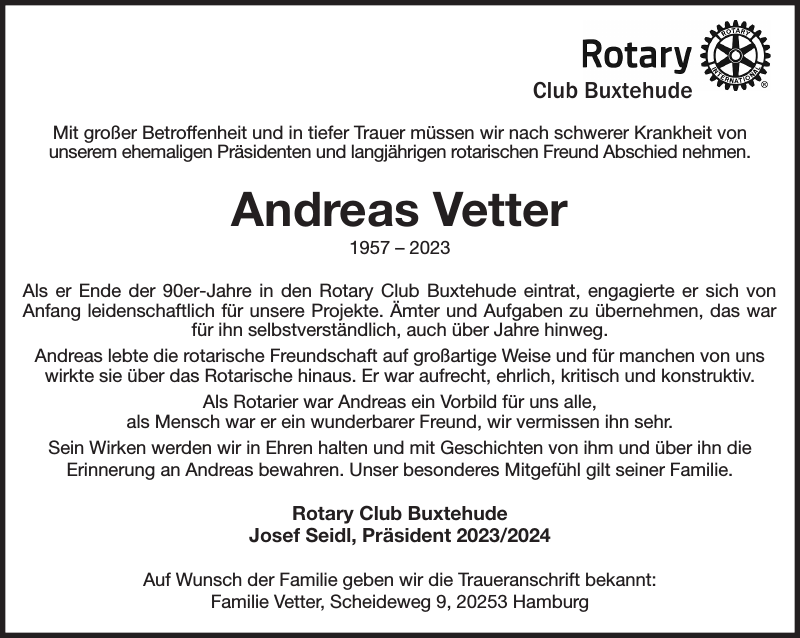 Andreas Vetter: Nachruf : Stader Tageblatt