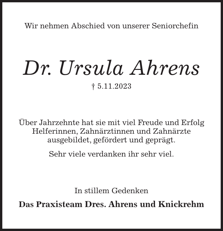 Dr. Ursula Ahrens: Nachruf : Stader Tageblatt