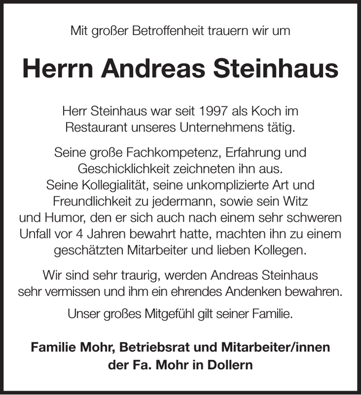 Andreas Steinhaus : Nachruf : Stader Tageblatt