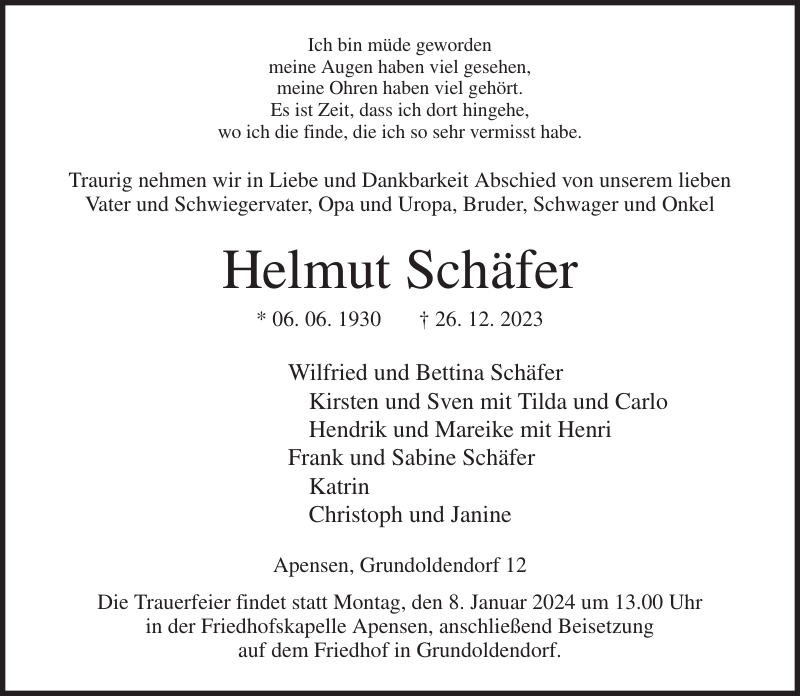 Helmut Schäfer: Traueranzeige : Stader Tageblatt