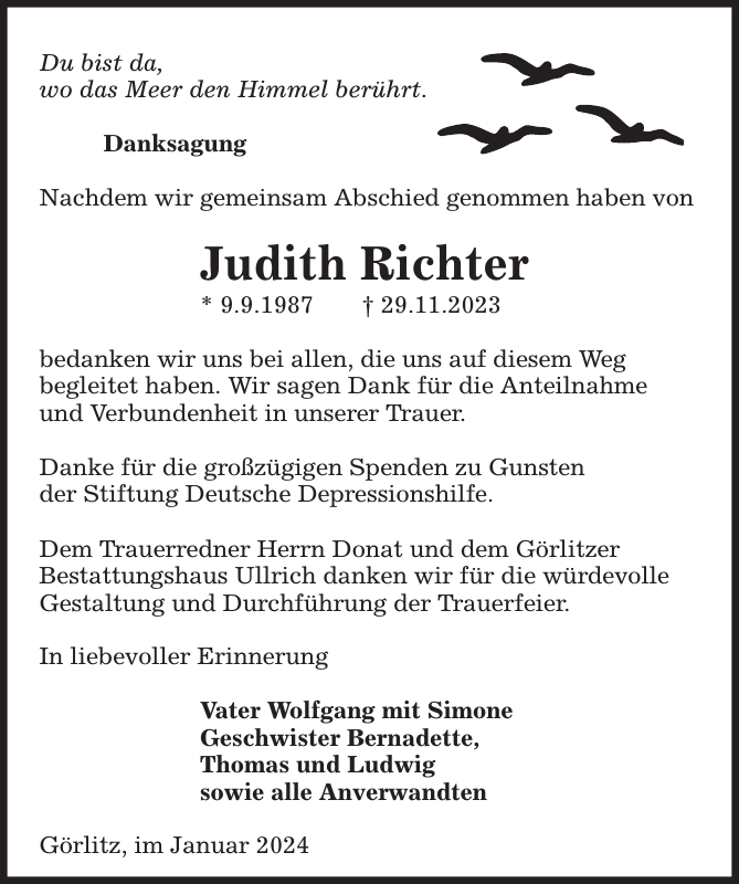 Judith Richter: Traueranzeige : Sächsische Zeitung Judith Richter: Traueranzeige : Sächsische Zeitung