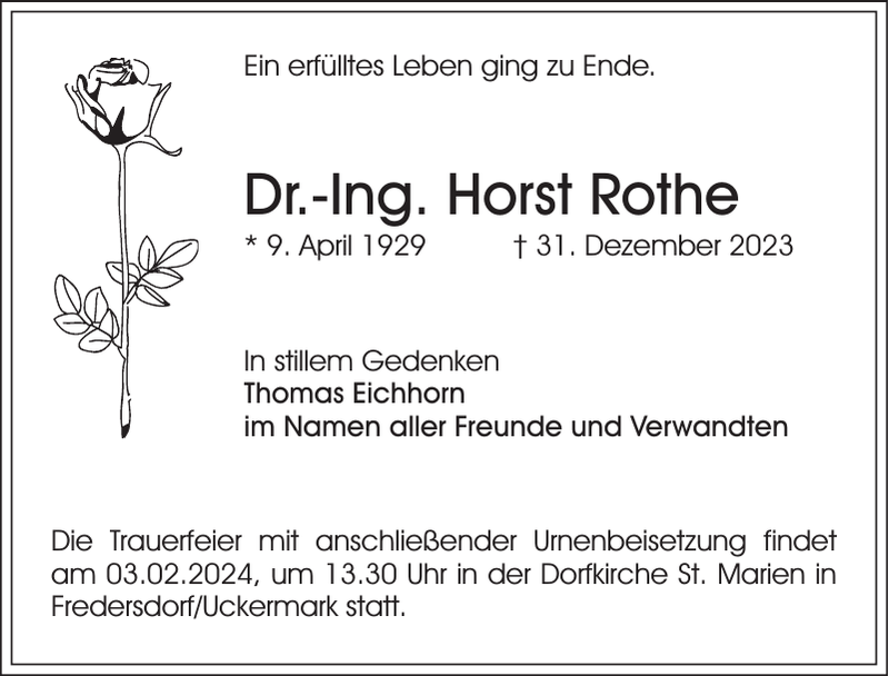 Dr.-Ing. Horst Rothe: Traueranzeige : Sächsische Zeitung