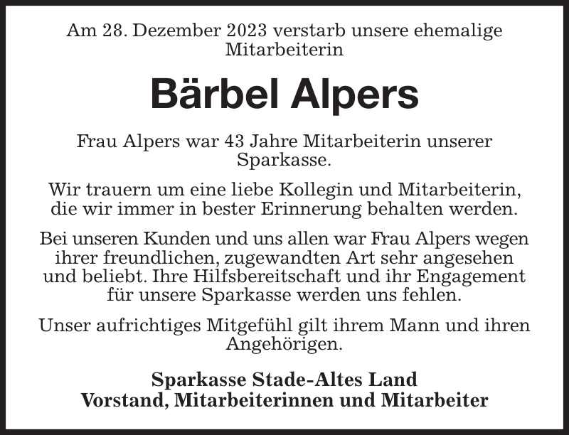 Bärbel Alpers: Nachruf : Stader Tageblatt