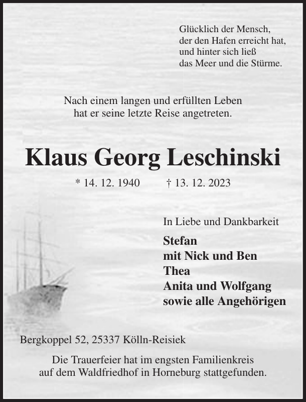 Klaus Georg Leschinski: Traueranzeige : Stader Tageblatt