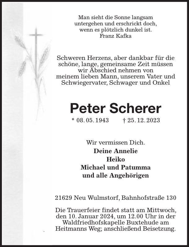 Peter Scherer: Traueranzeige : Stader Tageblatt