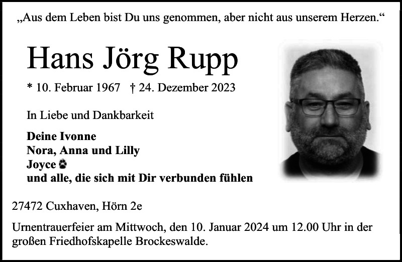 Hans Jörg Rupp: Traueranzeige : Cuxhavener Nachrichten