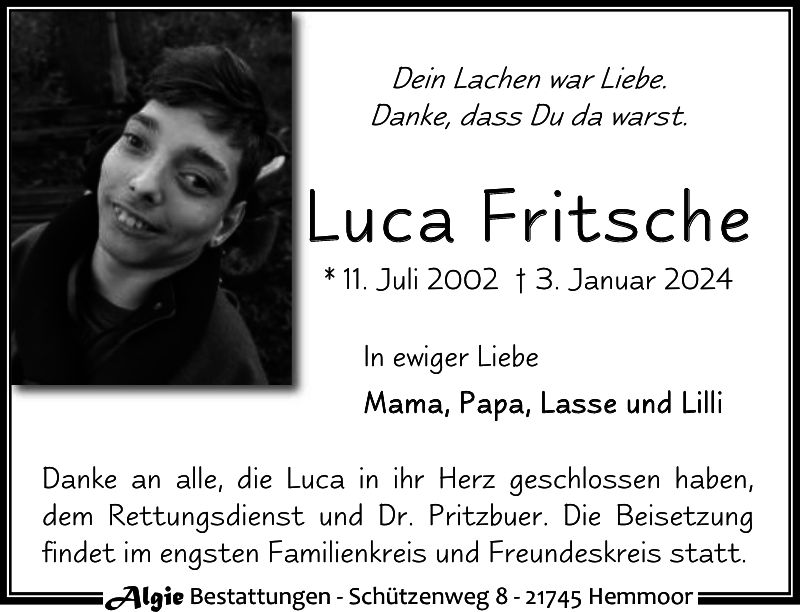 Luca Fritsche: Traueranzeige : Niederelbe-Zeitung