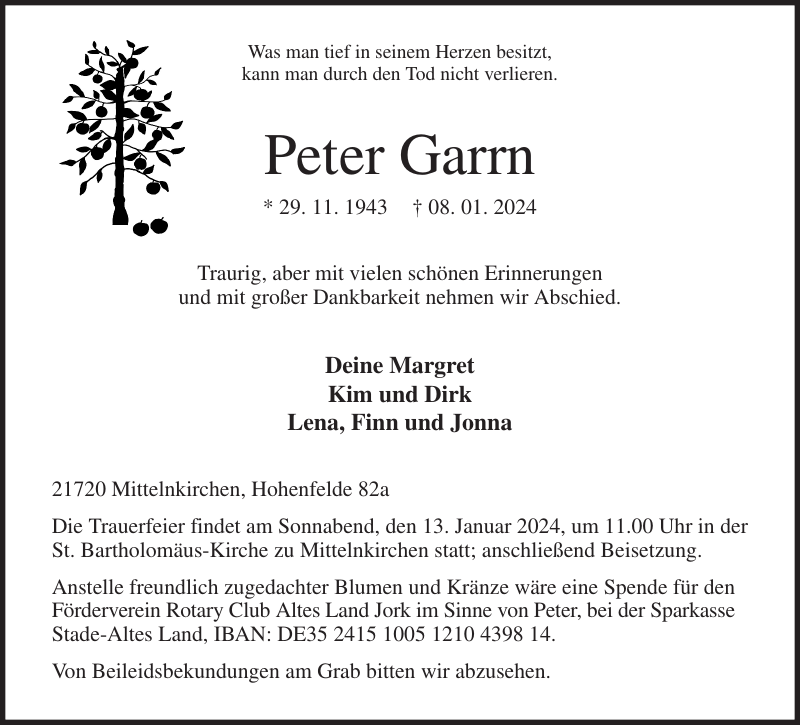 Peter Garrn: Traueranzeige : Stader Tageblatt