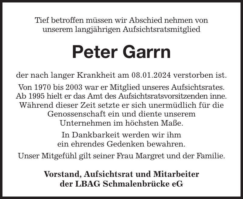 Peter Garrn: Nachruf : Stader Tageblatt