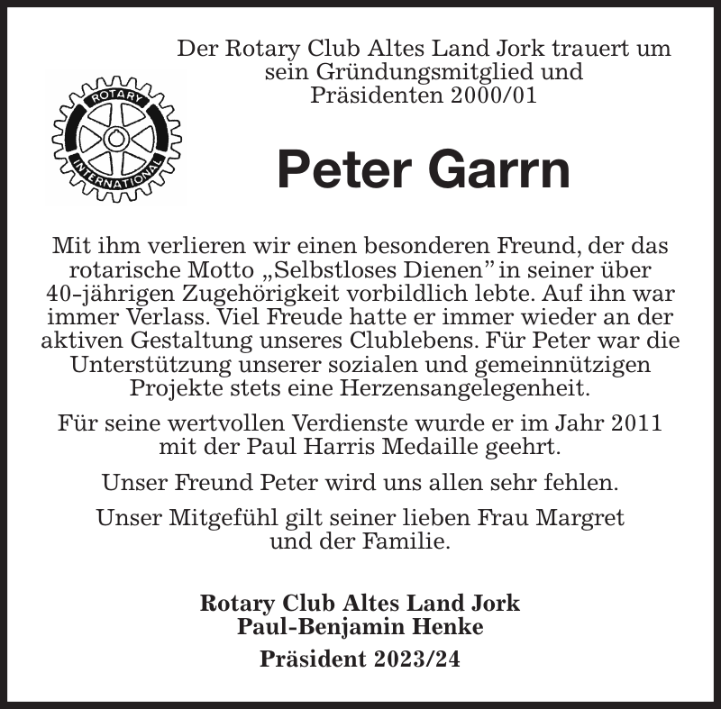 Peter Garrn: Nachruf : Stader Tageblatt