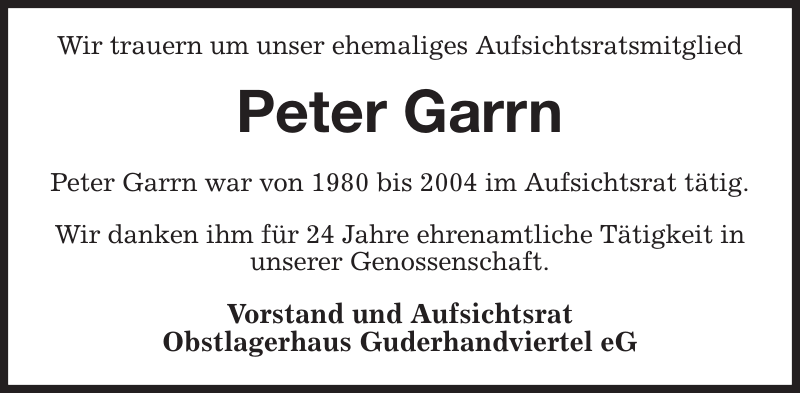 Peter Garrn: Nachruf : Stader Tageblatt