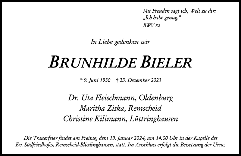 Brunhilde Bieler: Traueranzeige : Remscheider General-Anzeiger