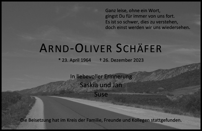 ARND-OLIVER SCHÄFER: Traueranzeige : Remscheider General-Anzeiger