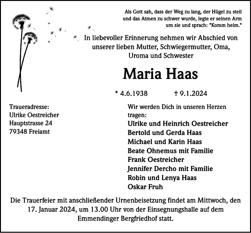 Maria Haas: Traueranzeige : Badische Zeitung