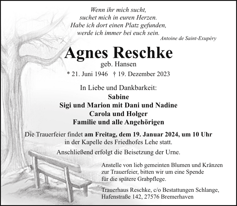 Agnes Reschke: Gedenken : Nordsee-Zeitung