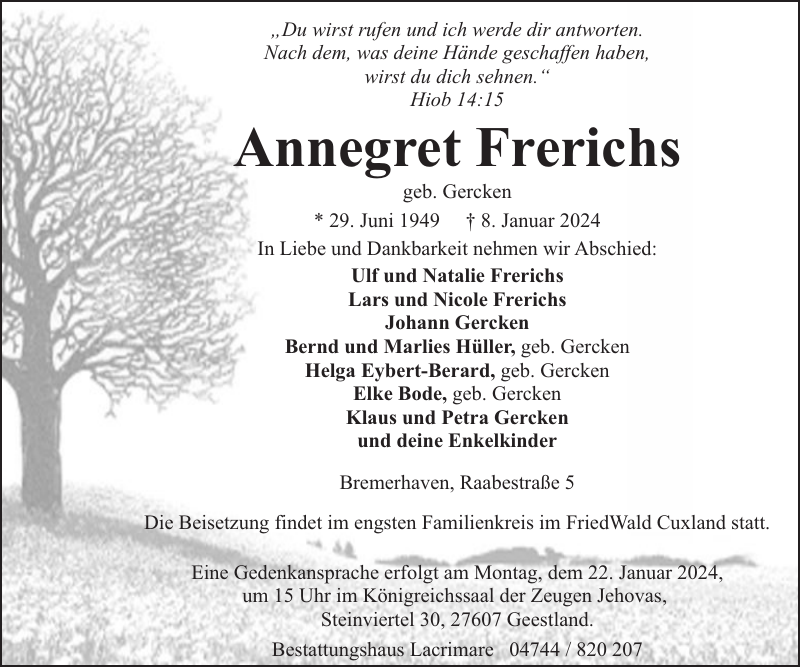 Annegret Frerichs: Gedenken : Nordsee-Zeitung