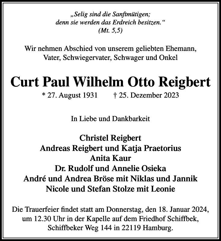 Curt Paul Wilhelm Otto Reigbert: Traueranzeige : Stormarner Tageblatt