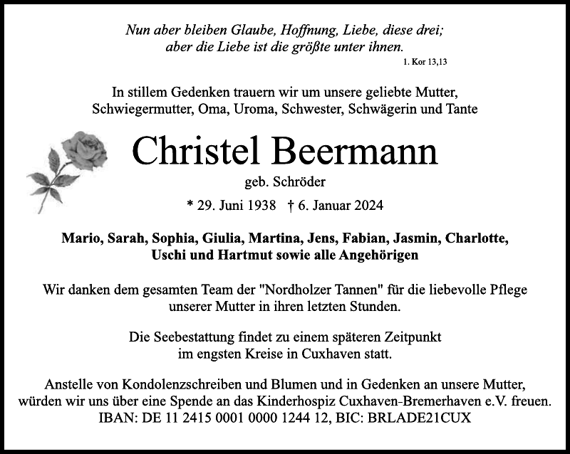 Christel Beermann: Traueranzeige : Cuxhavener Nachrichten