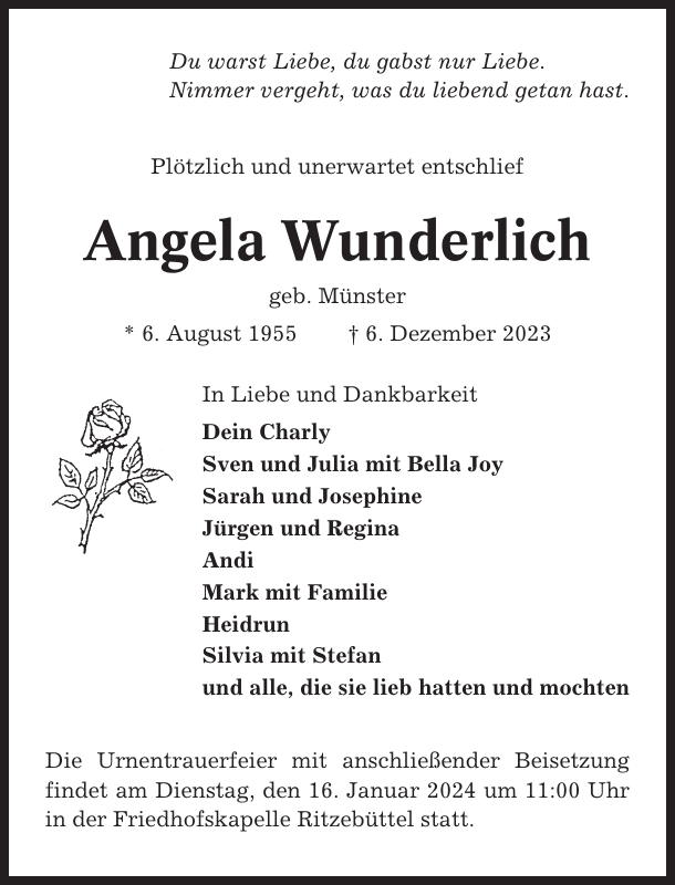 Angela Wunderlich: Traueranzeige : Cuxhavener Nachrichten