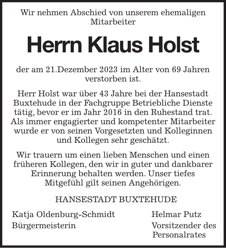 Klaus Holst: Nachruf : Stader Tageblatt