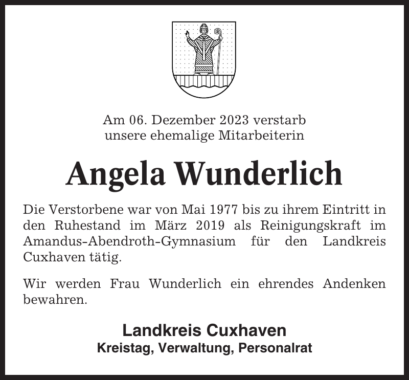 Angela Wunderlich: Gedenken : Cuxhavener Nachrichten