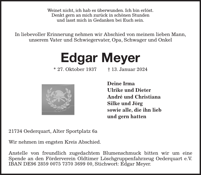 Edgar Meyer: Traueranzeige : Stader Tageblatt