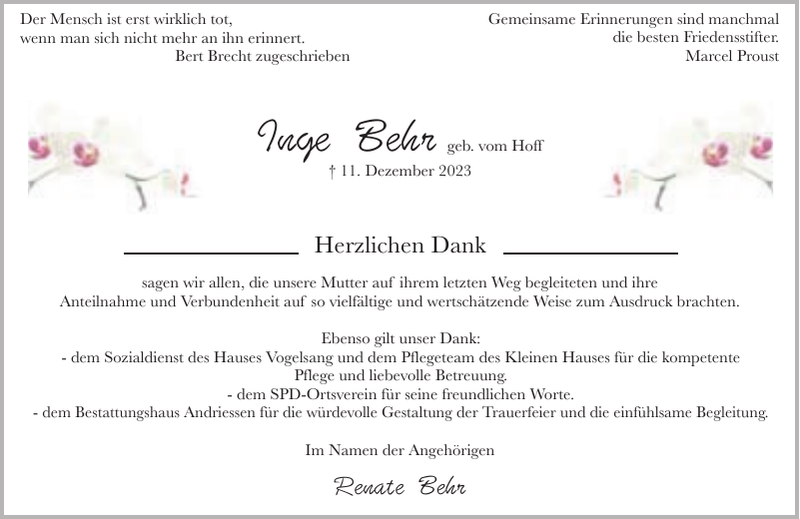 Inge Behr: Traueranzeige : Remscheider General-Anzeiger