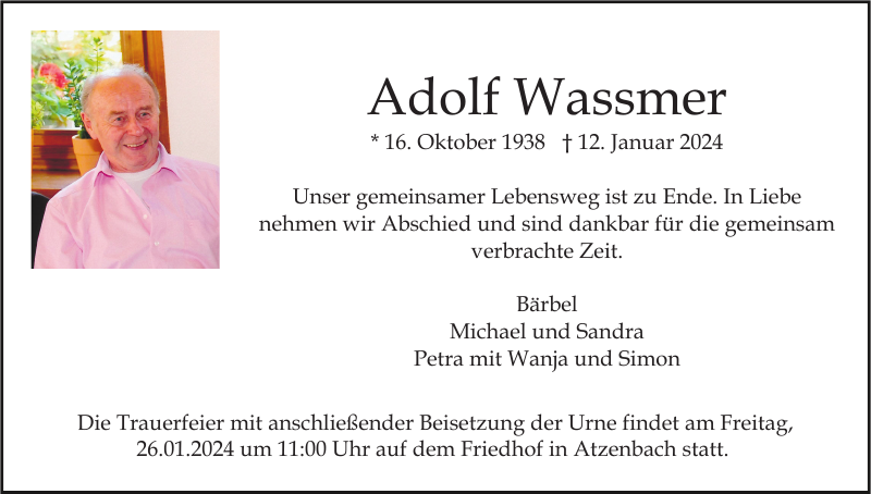 Adolf Wassmer: Traueranzeige : Badische Zeitung