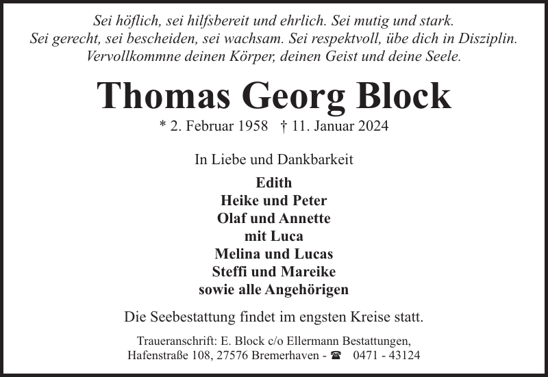 Thomas Georg Block: Gedenken : Nordsee-Zeitung