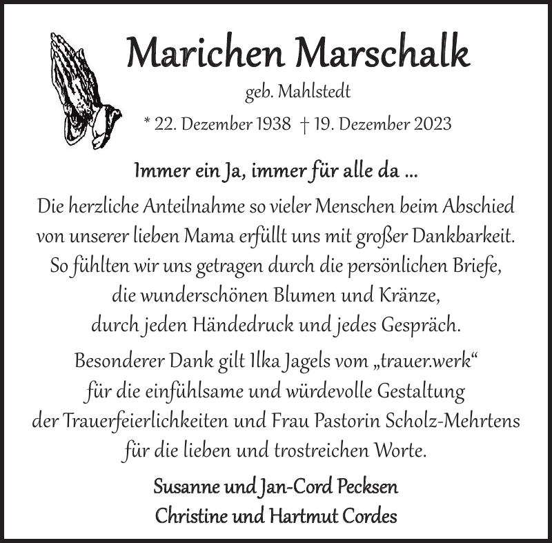 Marichen Marschalk: Danksagung : Nordsee-Zeitung