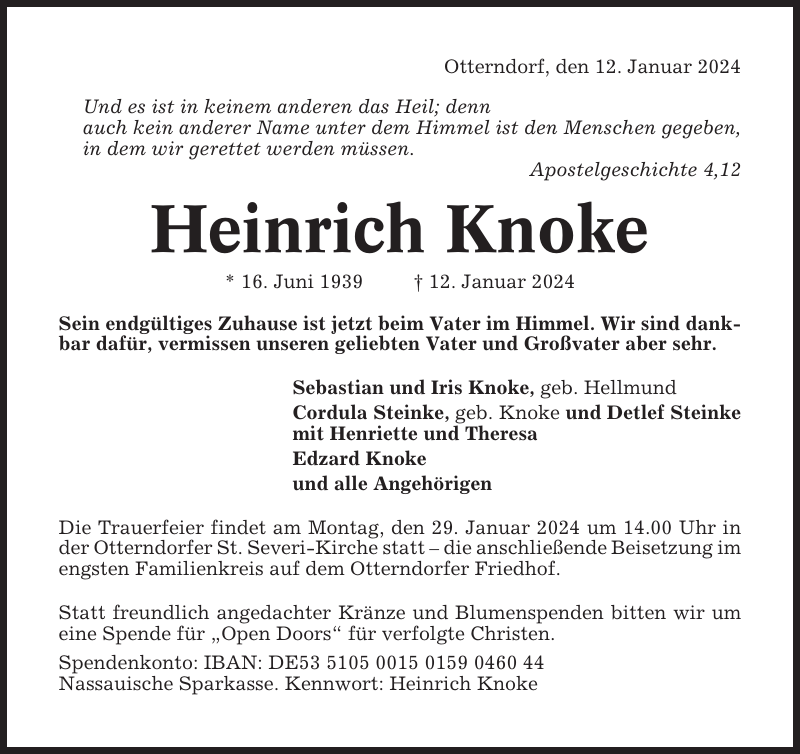 Heinrich Knoke: Traueranzeige : Niederelbe-Zeitung