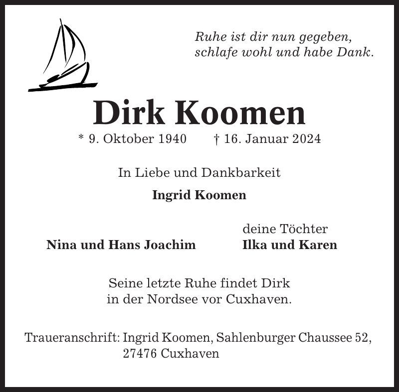 Dirk Koomen: Traueranzeige : Cuxhavener Nachrichten