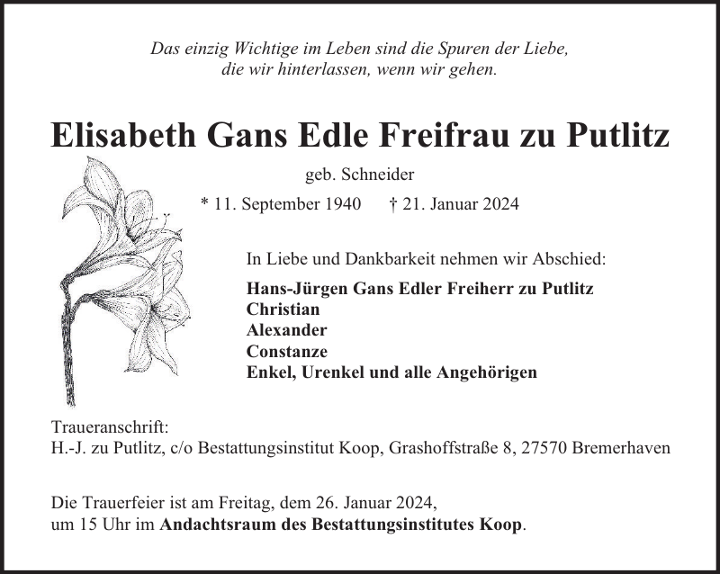 Elisabeth Gans Edle Freifrau zu Putlitz: Gedenken : Nordsee-Zeitung