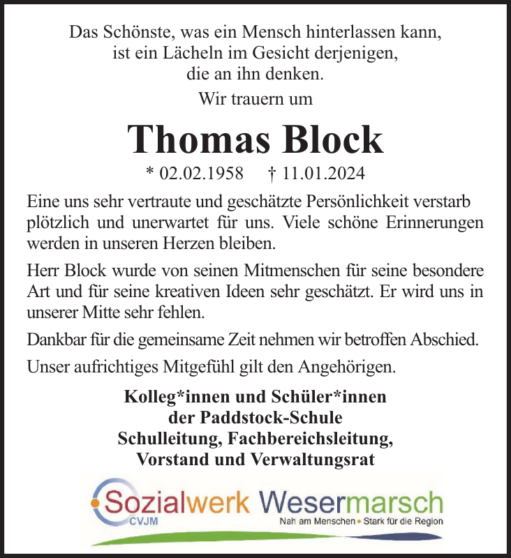 Thomas Block: Nachruf : Nordsee-Zeitung