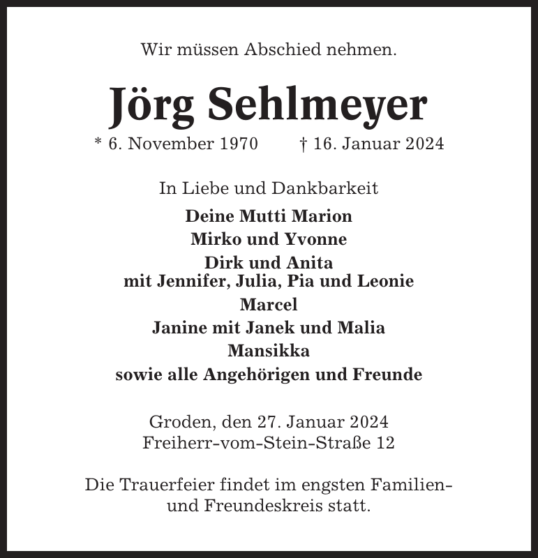 Jörg Sehlmeyer: Traueranzeige : Cuxhavener Nachrichten