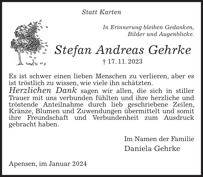 Stefan Andreas Gehrke: Danksagung : Stader Tageblatt