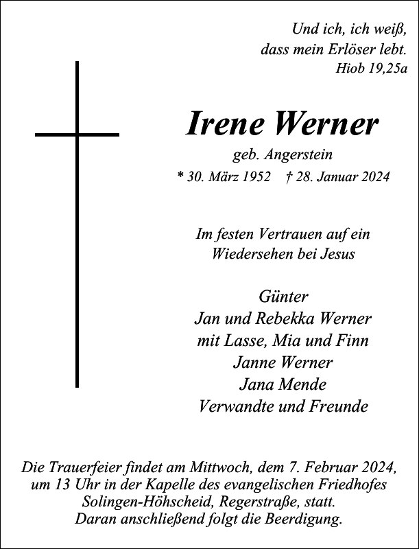 Irene Werner: Traueranzeige : Solinger Tageblatt Trauer