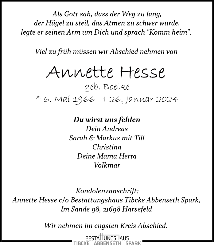 Annette Hesse: Traueranzeige : Stader Tageblatt