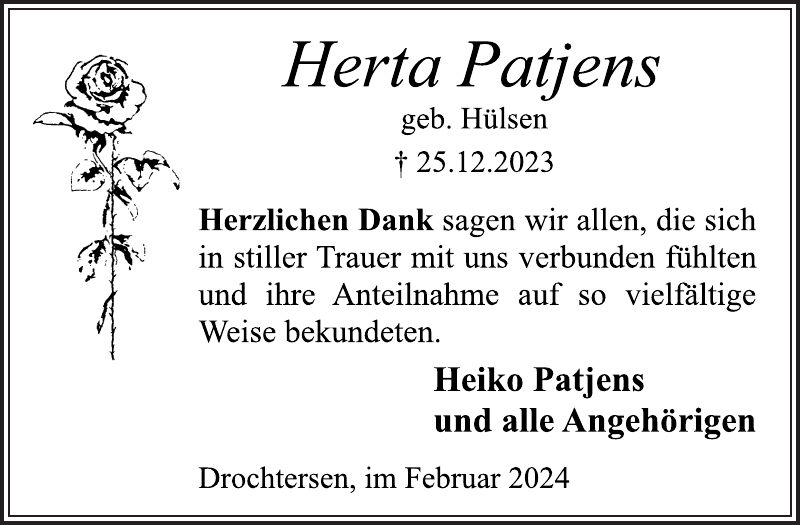 Herta Patjens: Danksagung : Stader Tageblatt